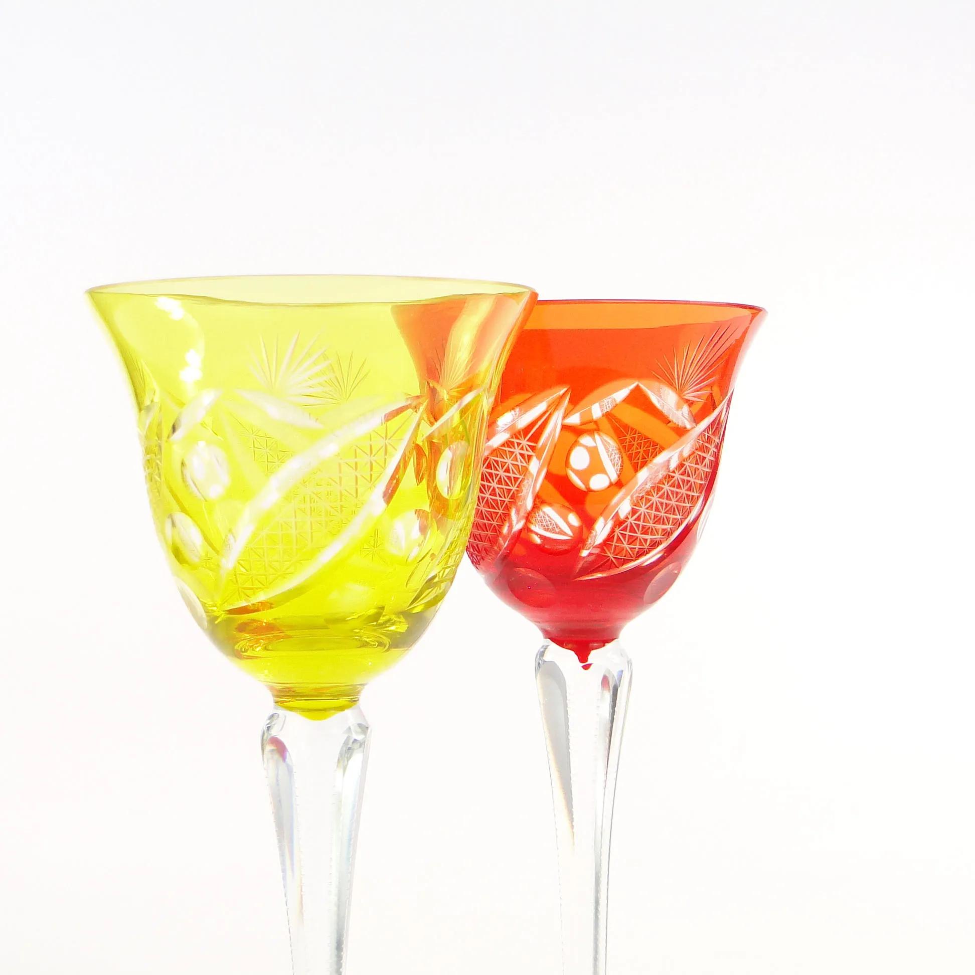 Pair of wine goblets, yellow and orange crystal, Józefina Glassworks ...