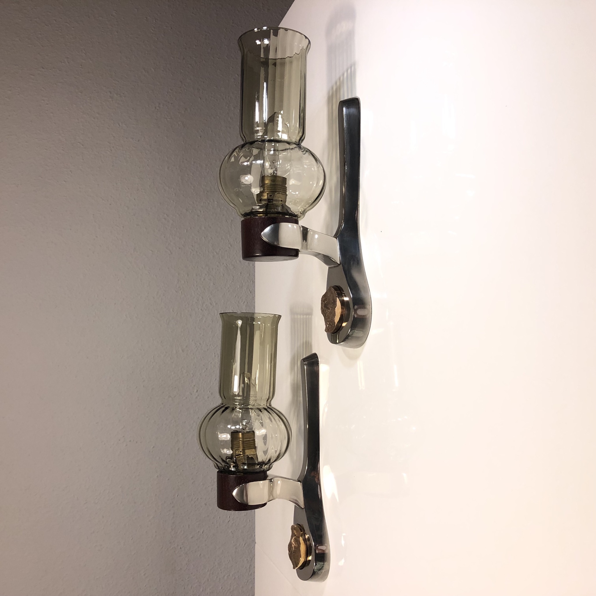 Pair of wall sconces Space Age, chrome, smoked glass, rosewood, Germany ...
